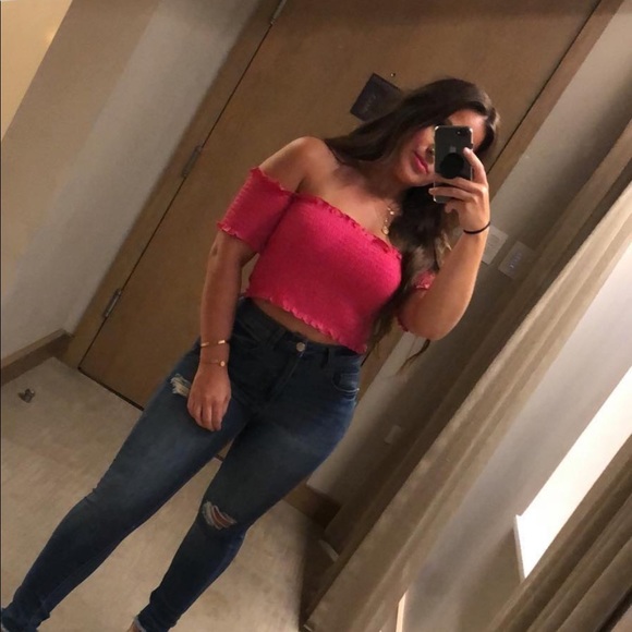 Zara | Tops | Zara Bright Pink Off Shoulder Scrunch Crop Top | Poshmark